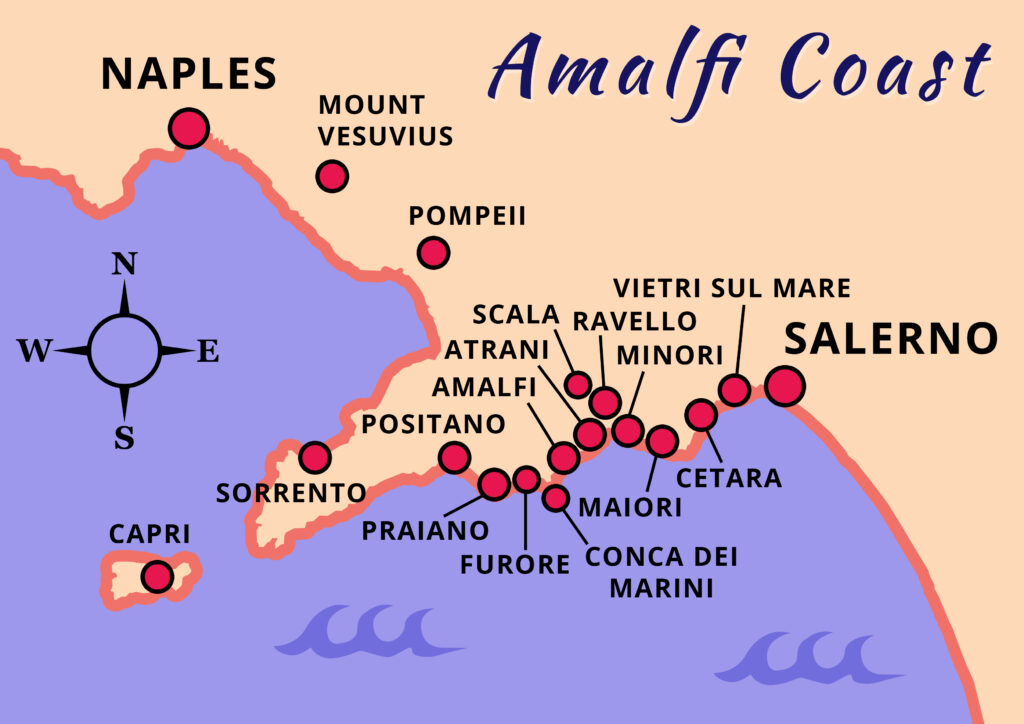 Amalfi Coast Map + Best Towns to Visit (Printable Illustrations ...